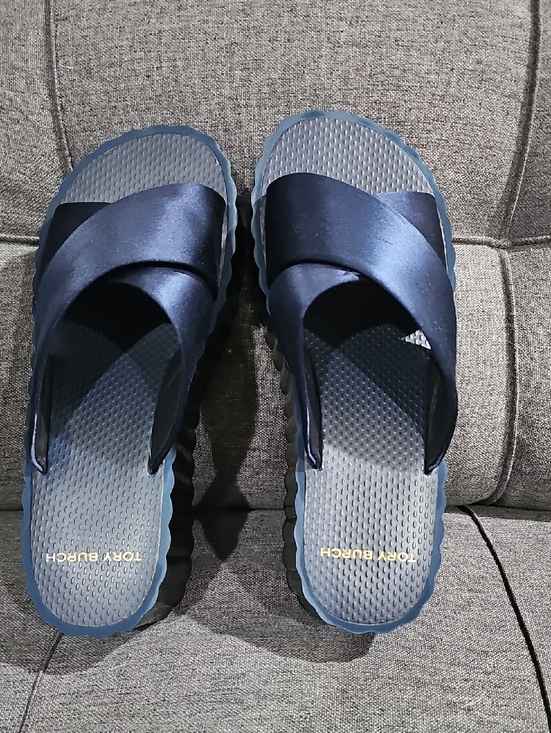 Tory Burch | Shoes | Tory Burch Navy Satin Crossband Slides With Gold ...